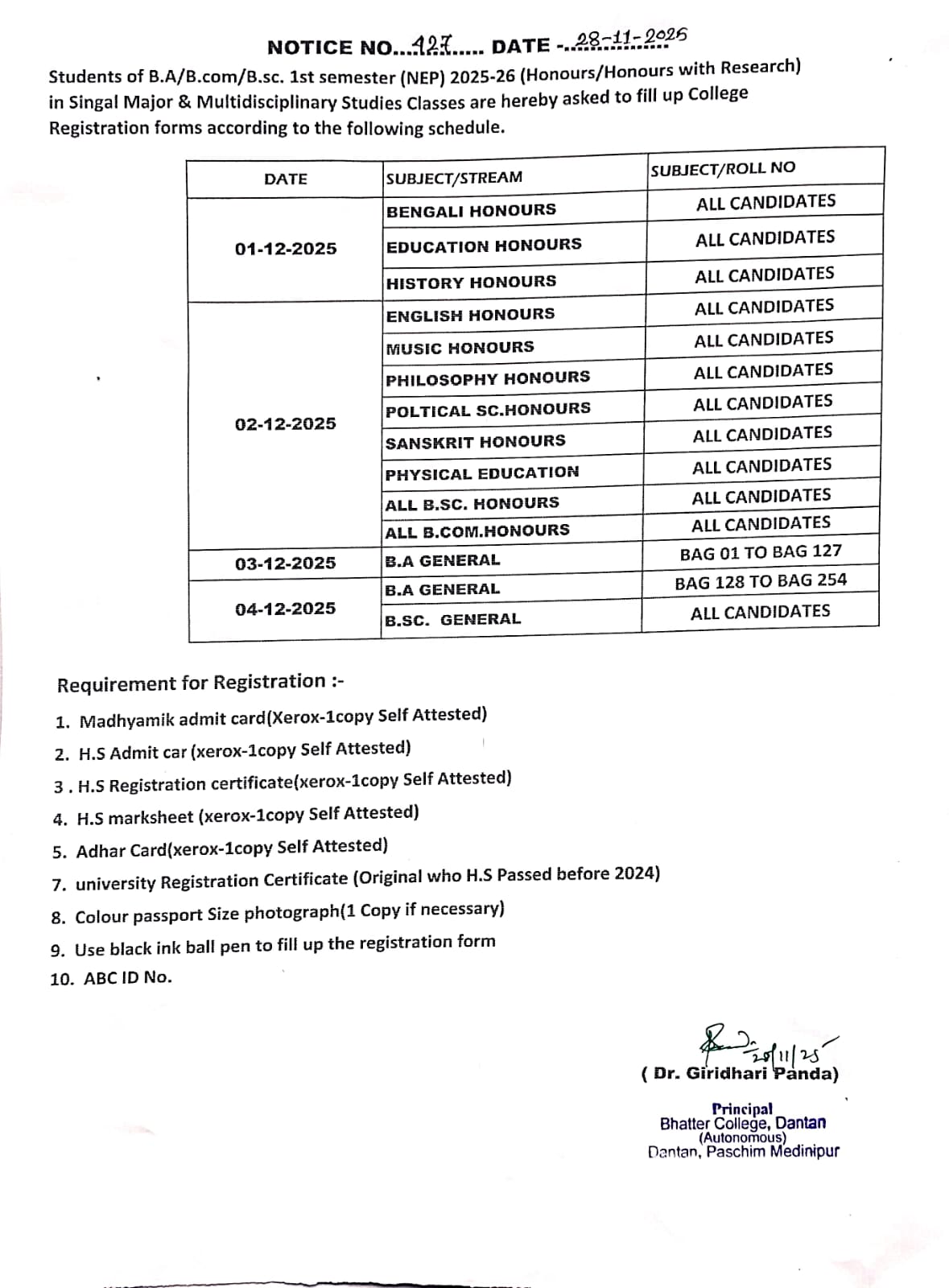 Registration Schedule of UG 1st Semester 2025 – Bhatter College, Dantan ...