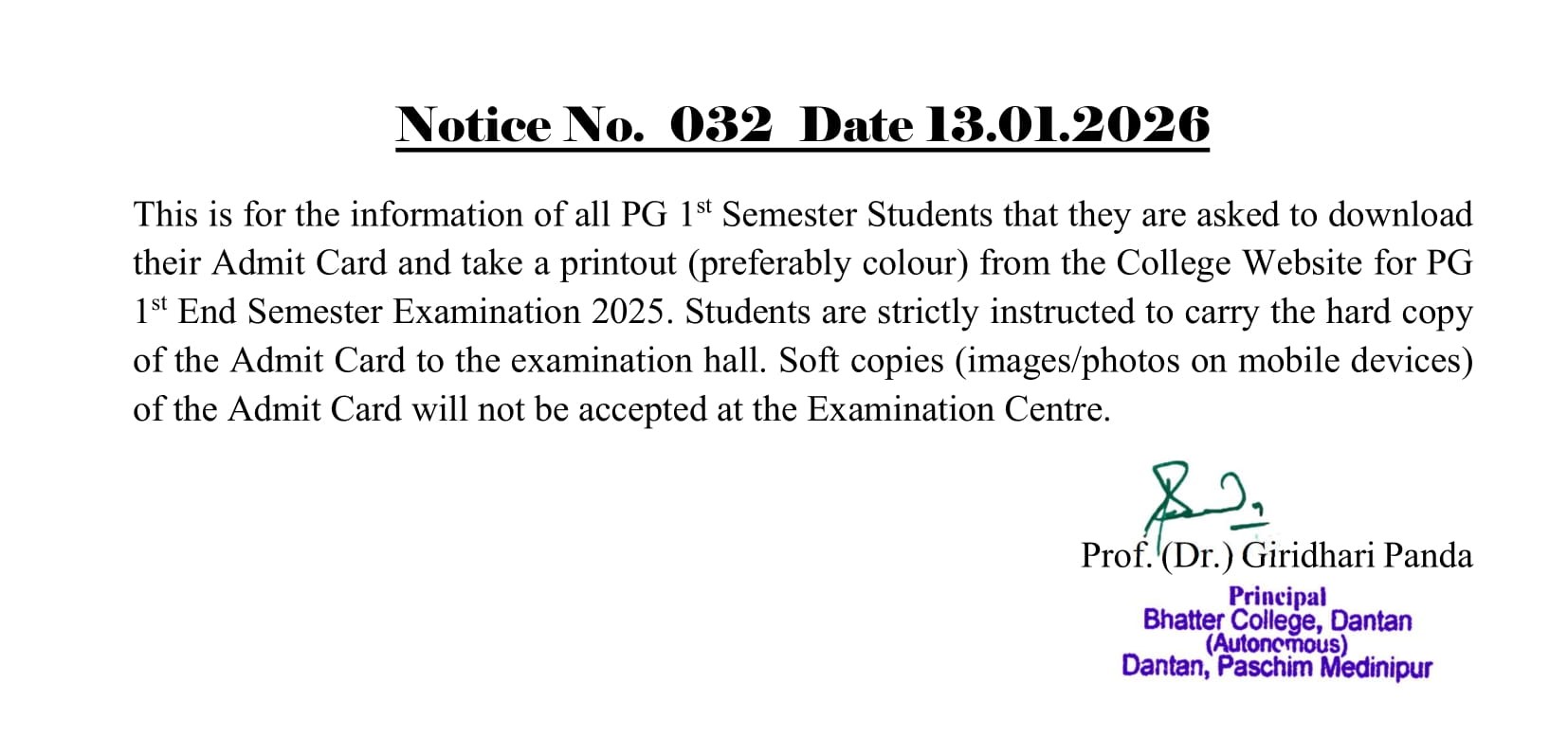 Notification regarding Admit Card of PG 1st End Semester Examination ...